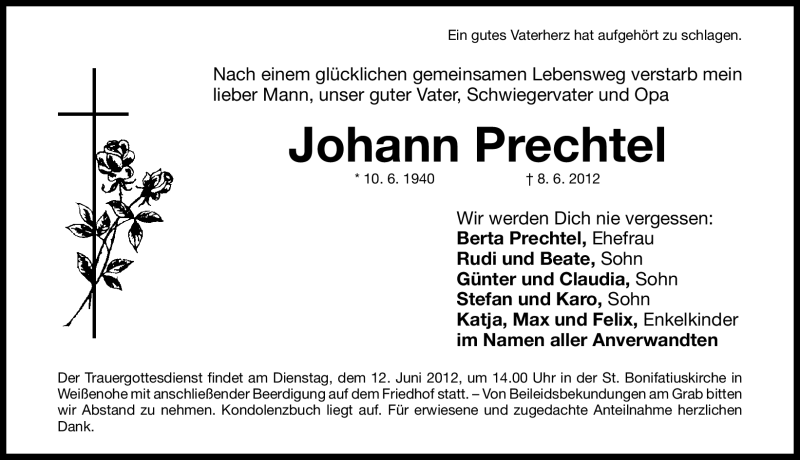 Traueranzeigen von Johann Prechtel | trauer.nn.de