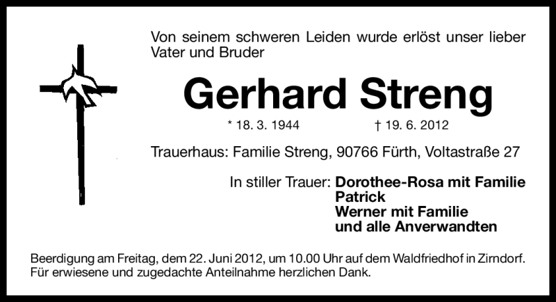 Traueranzeigen von Gerhard Streng | trauer.nn.de