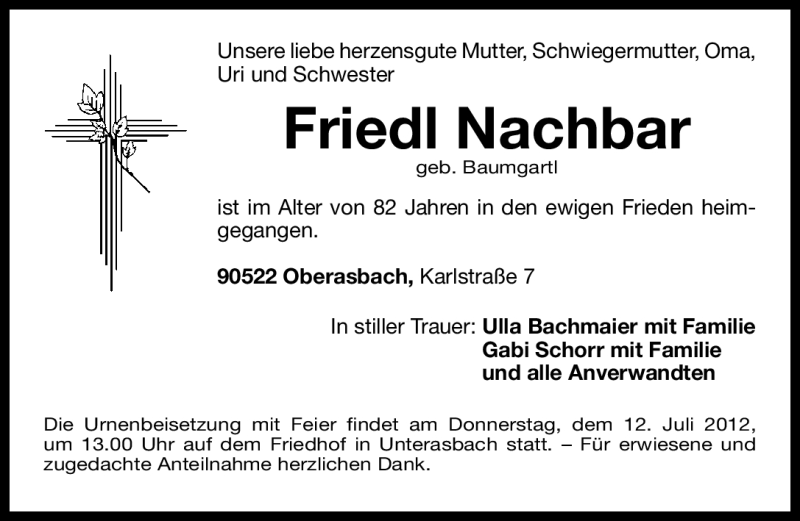 Traueranzeigen von Friedl Nachbar | trauer.nn.de