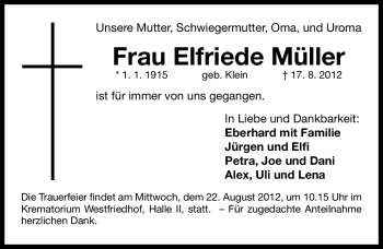 Traueranzeigen von Elfriede Müller | trauer.nn.de
