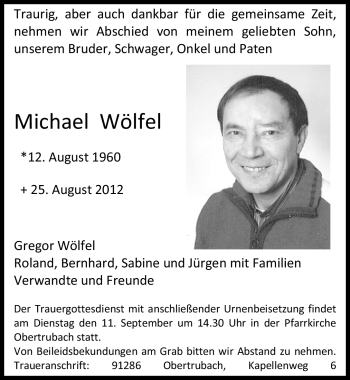 Traueranzeigen von Michael Wölfel | trauer.nn.de