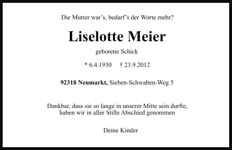 Traueranzeigen von Liselotte Meier | trauer.nn.de
