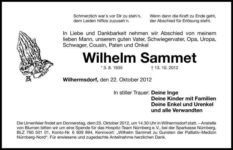 Traueranzeigen von Wilhelm Sammet | trauer.nn.de