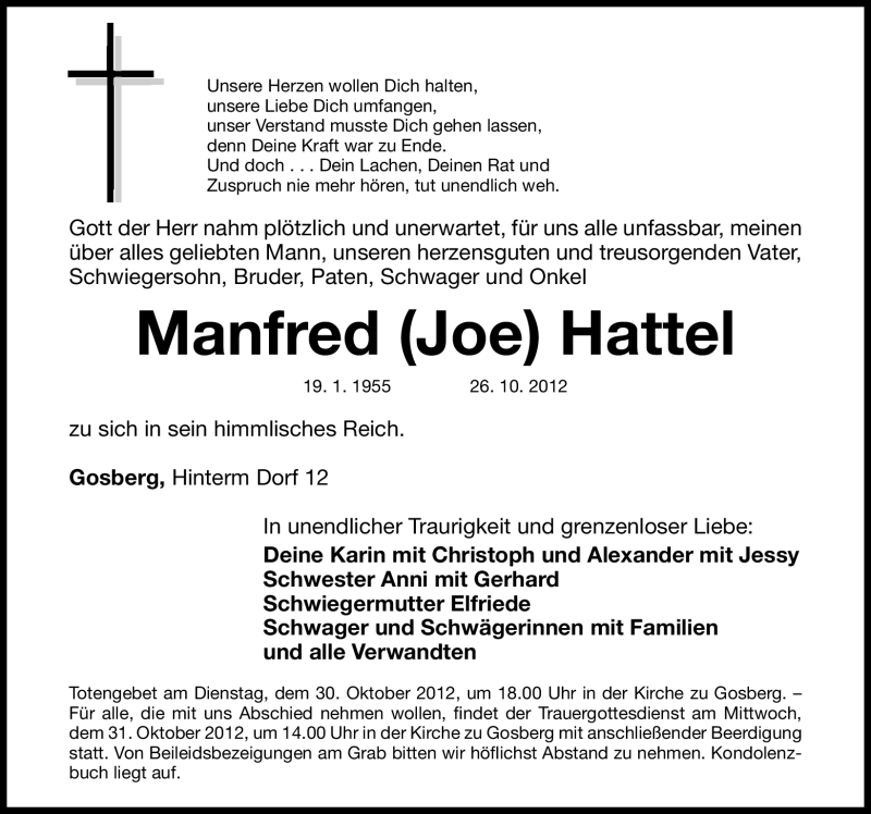 Traueranzeigen von Manfred Hattel | trauer.nn.de