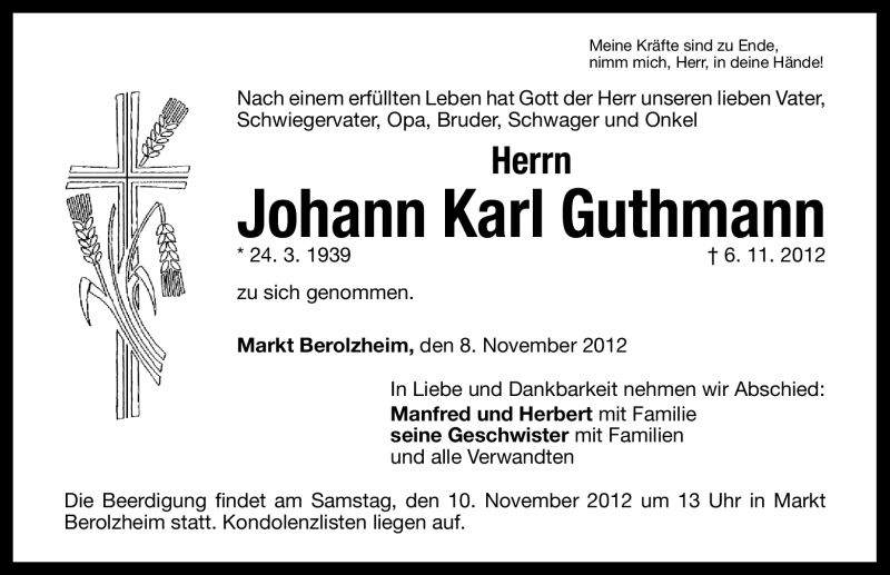 Traueranzeigen von Johann Karl Guthmann | trauer.nn.de