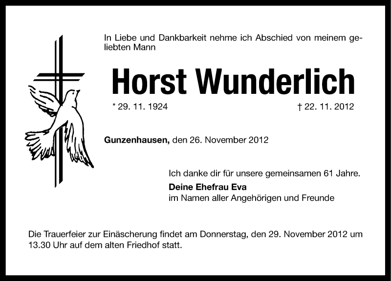 Traueranzeigen von Horst Wunderlich | trauer.nn.de