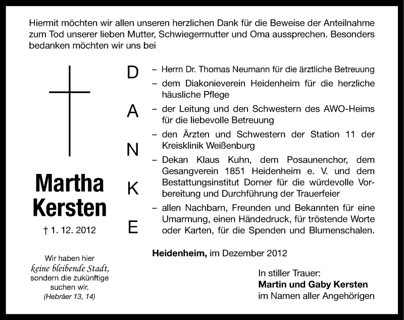 Traueranzeigen von Martha Kersten | trauer.nn.de
