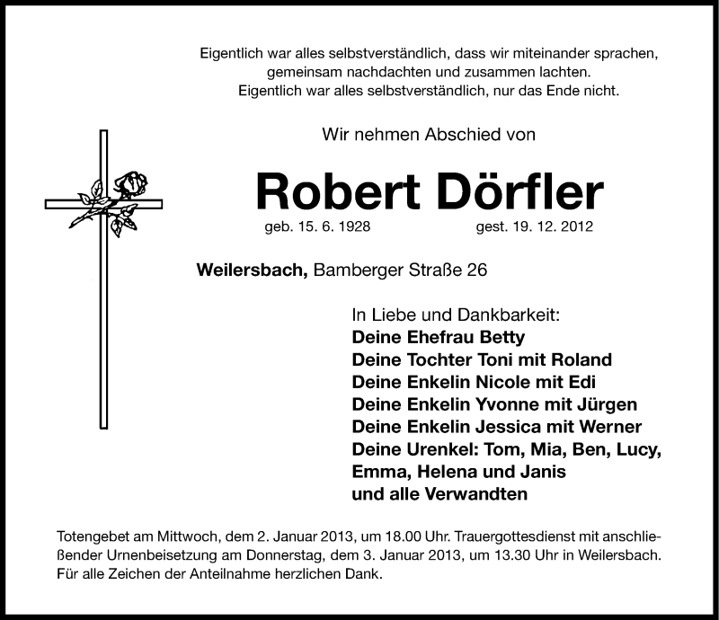 Traueranzeigen von Robert Dörfler | trauer.nn.de