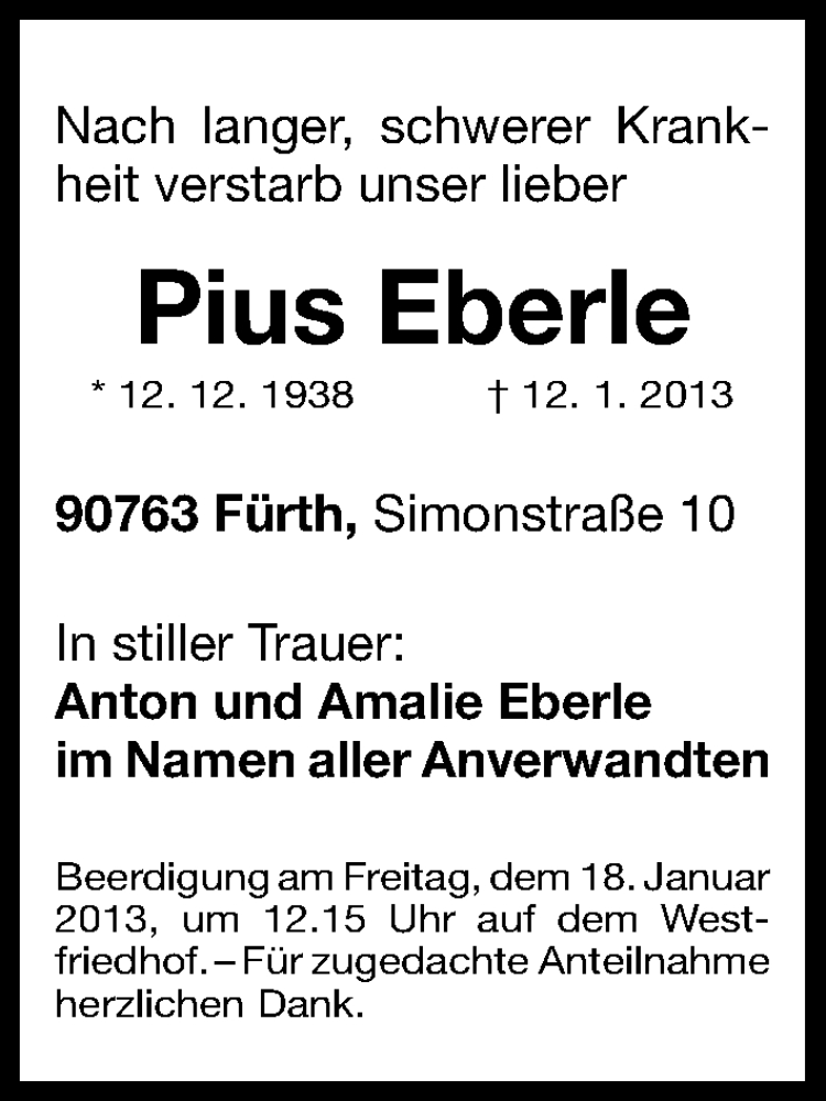 Traueranzeigen von Pius Eberle | trauer.nn.de