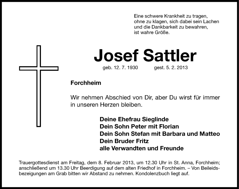 Traueranzeigen von Josef Sattler | trauer.nn.de