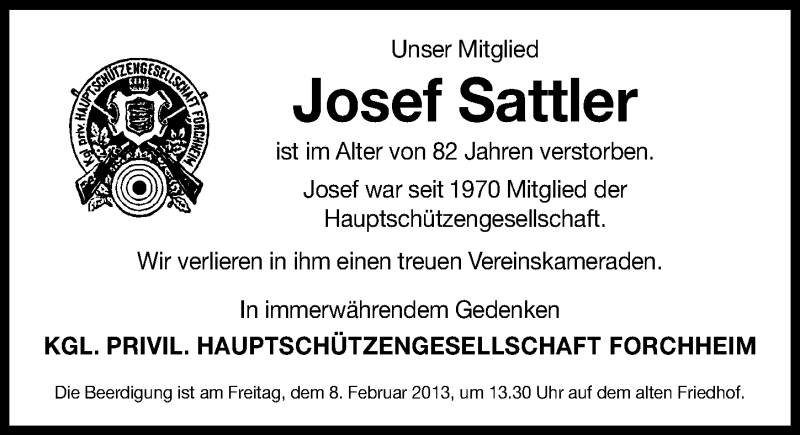 Traueranzeigen von Josef Sattler | trauer.nn.de