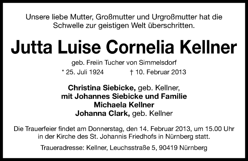 Traueranzeigen von Jutta Luise Cornelia Kellner | trauer.nn.de
