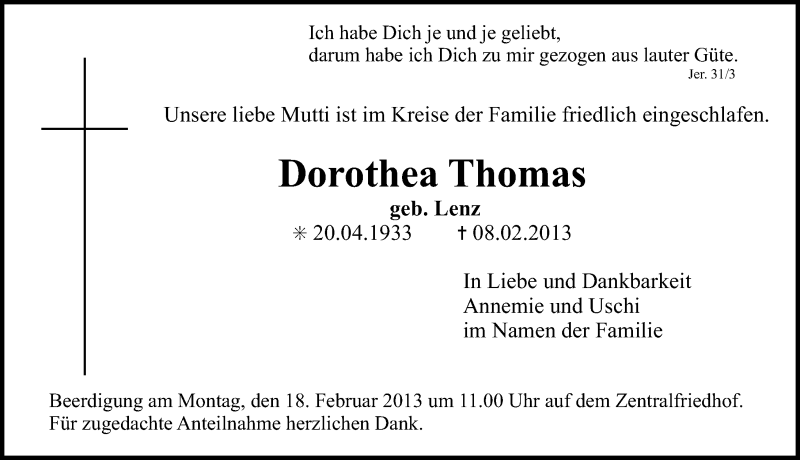 Traueranzeigen von Dorothea Thomas | trauer.nn.de