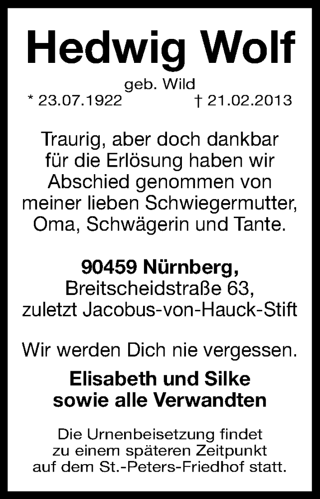 Traueranzeigen von Hedwig Wolf | trauer.nn.de