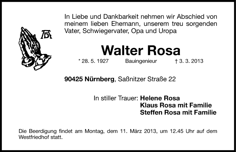 Traueranzeigen von Walter Rosa | trauer.nn.de