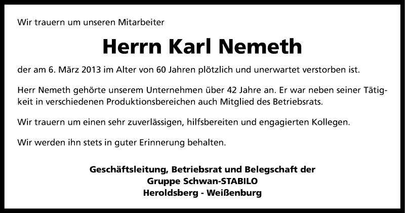Traueranzeigen von Karl Nemeth | trauer.nn.de