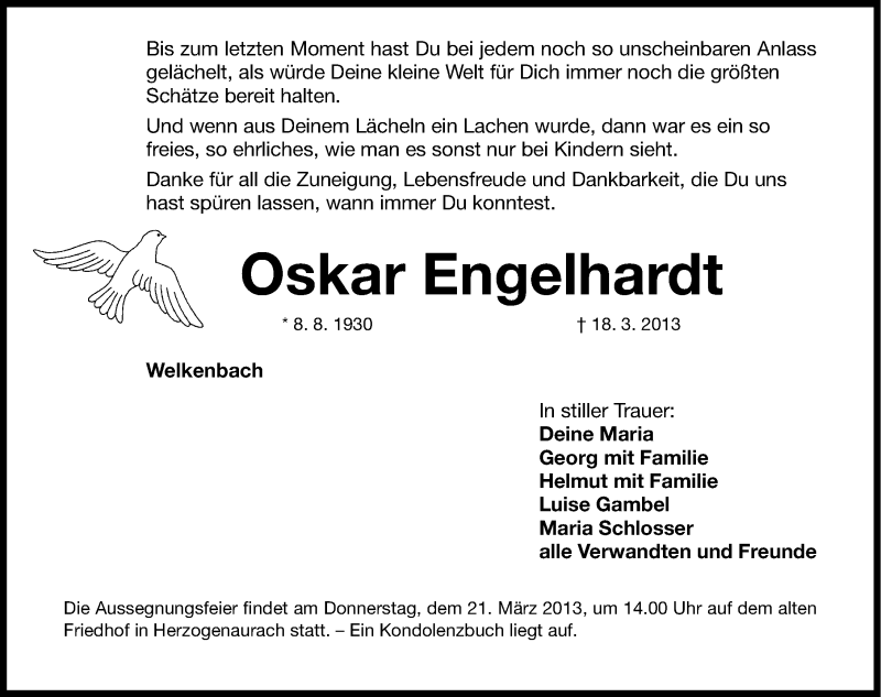 Traueranzeigen von Oskar Engelhardt | trauer.nn.de