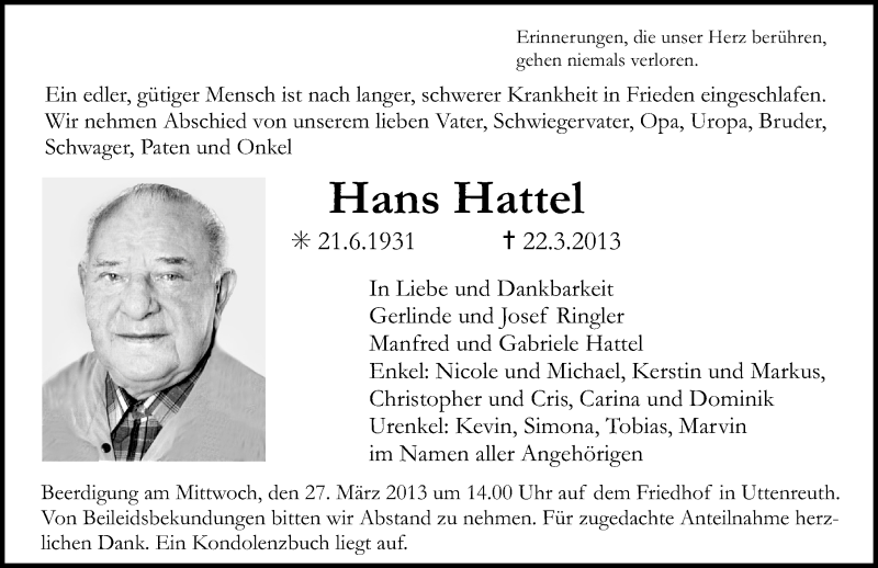 Traueranzeigen von Hans Hattel | trauer.nn.de