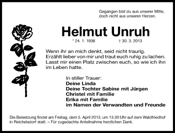 Traueranzeigen von Helmut Unruh | trauer.nn.de