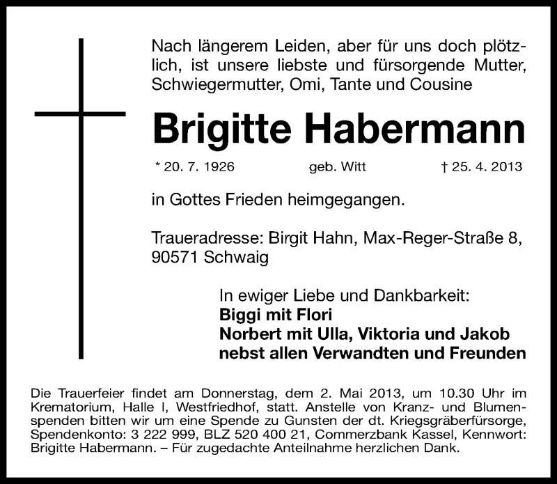 Traueranzeigen von Brigitte Habermann | trauer.nn.de