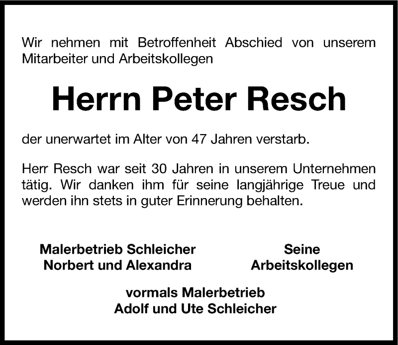 Traueranzeigen von Peter Resch | trauer.nn.de