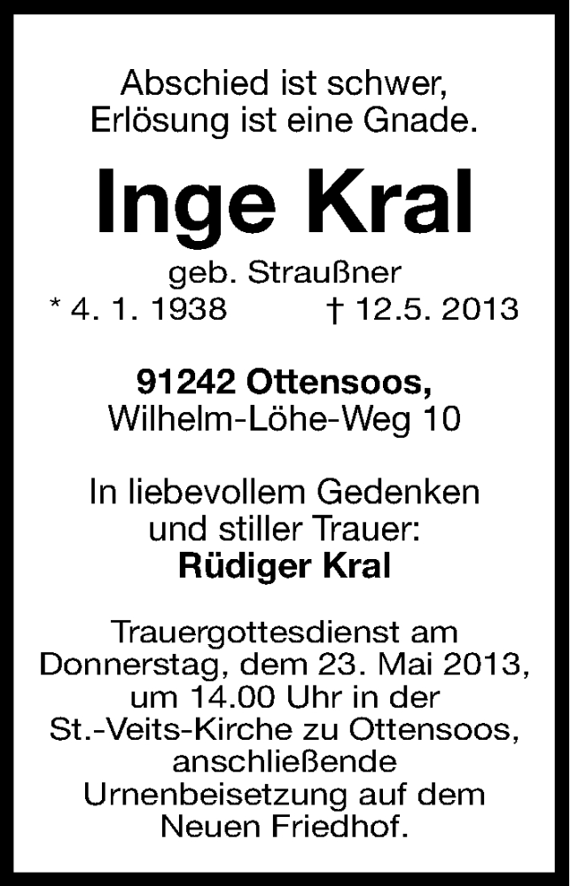 Traueranzeigen von Inge Kral | trauer.nn.de