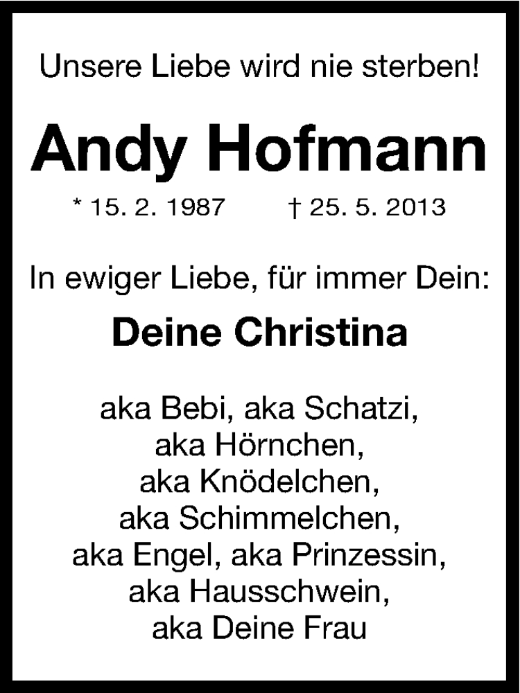 Traueranzeigen von Andy Hofmann | trauer.nn.de