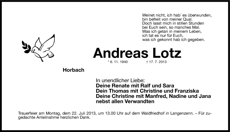 Traueranzeigen von Andreas Lotz | trauer.nn.de