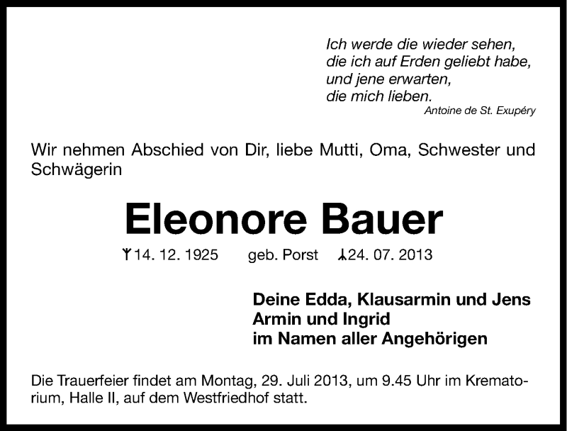 Traueranzeigen von Eleonore Bauer | trauer.nn.de