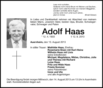 Traueranzeigen von Adolf Haas | trauer.nn.de