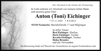 Traueranzeigen von Anton Eichinger | trauer.nn.de