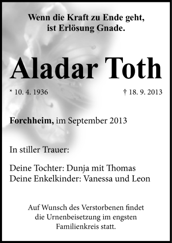 Traueranzeigen von Aladar Toth | trauer.nn.de