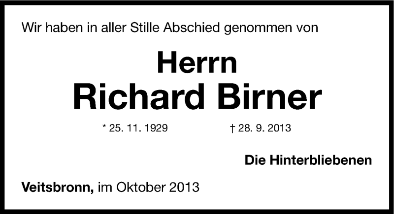 Traueranzeigen von Richard Birner | trauer.nn.de