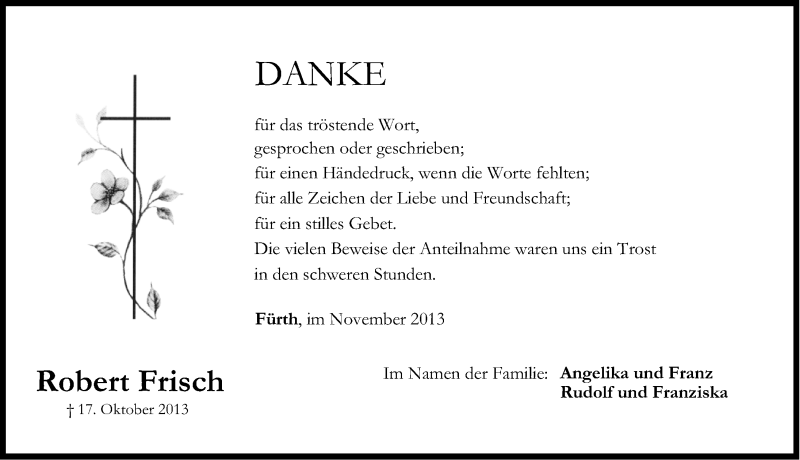Traueranzeigen von Robert Frisch | trauer.nn.de