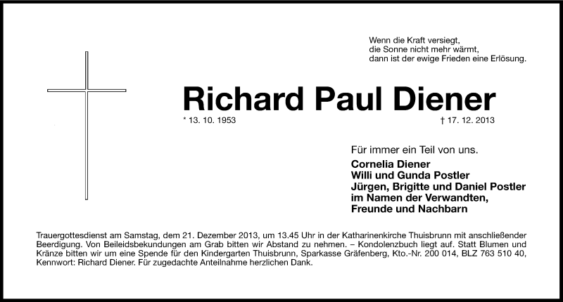 Traueranzeigen von Richard Paul Diener | trauer.nn.de