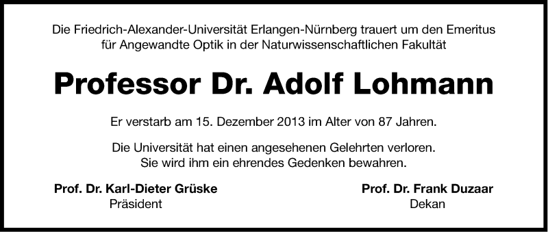 Traueranzeigen von Adolf Lohmann | trauer.nn.de