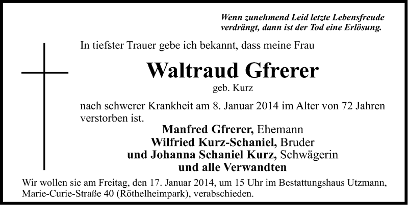 Traueranzeigen von Waltraud Gfrerer | trauer.nn.de