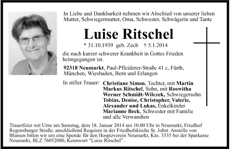 Traueranzeigen von Luise Ritschel | trauer.nn.de