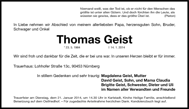 Traueranzeigen von Thomas Geist | trauer.nn.de