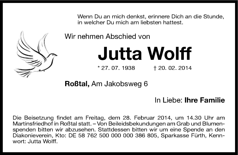 Traueranzeigen von Jutta Wolff | trauer.nn.de