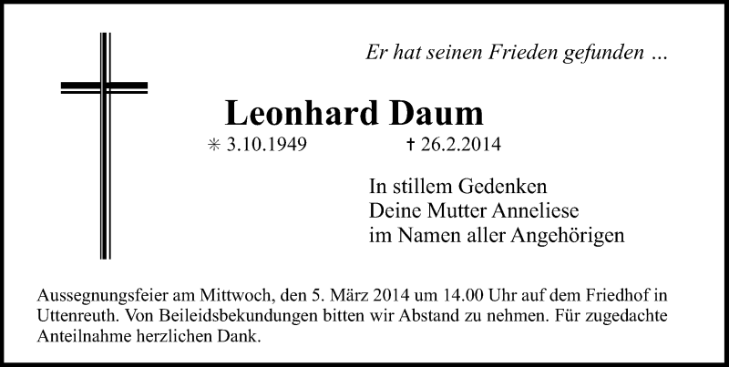 Traueranzeigen von Leonhard Daum | trauer.nn.de