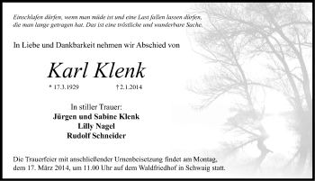Traueranzeigen von Karl Klenk | trauer.nn.de