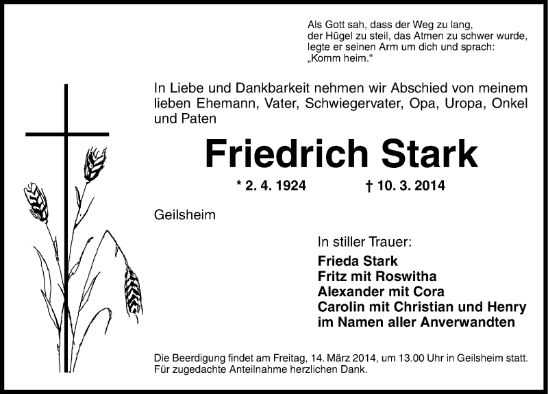 Traueranzeigen von Friedrich Stark | trauer.nn.de