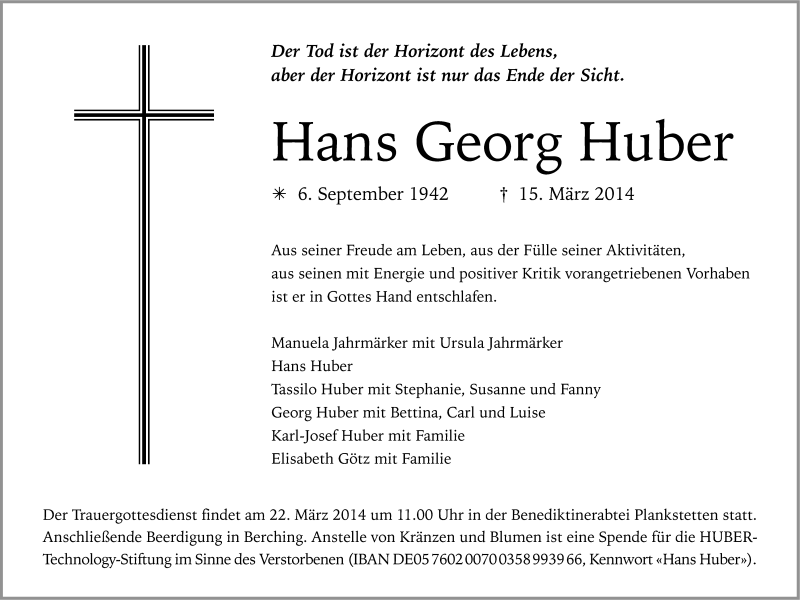 Traueranzeigen von Hans Georg Huber | trauer.nn.de