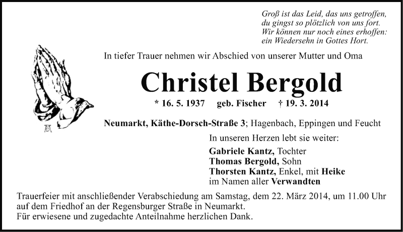 Traueranzeigen von Christel Bergold | trauer.nn.de