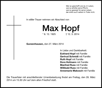 Traueranzeigen von Max Hopf | trauer.nn.de