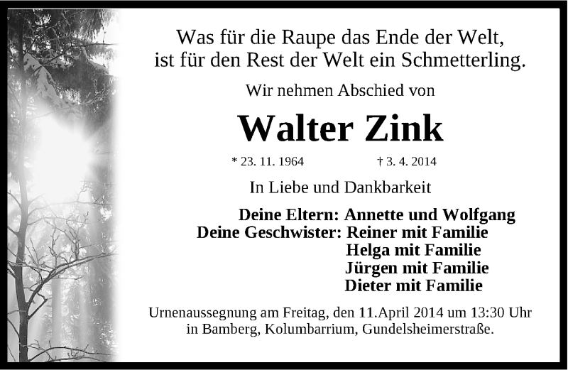 Traueranzeigen von Walter Zink | trauer.nn.de