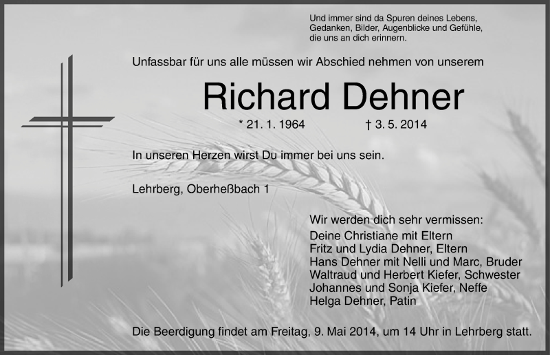 Traueranzeigen von Richard Dehner | trauer.nn.de