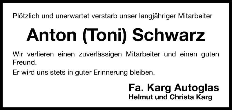 Traueranzeigen von Anton Schwarz | trauer.nn.de