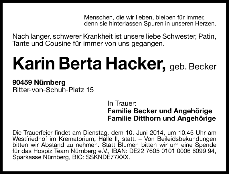 Traueranzeigen von Karin Berta Hacker | trauer.nn.de